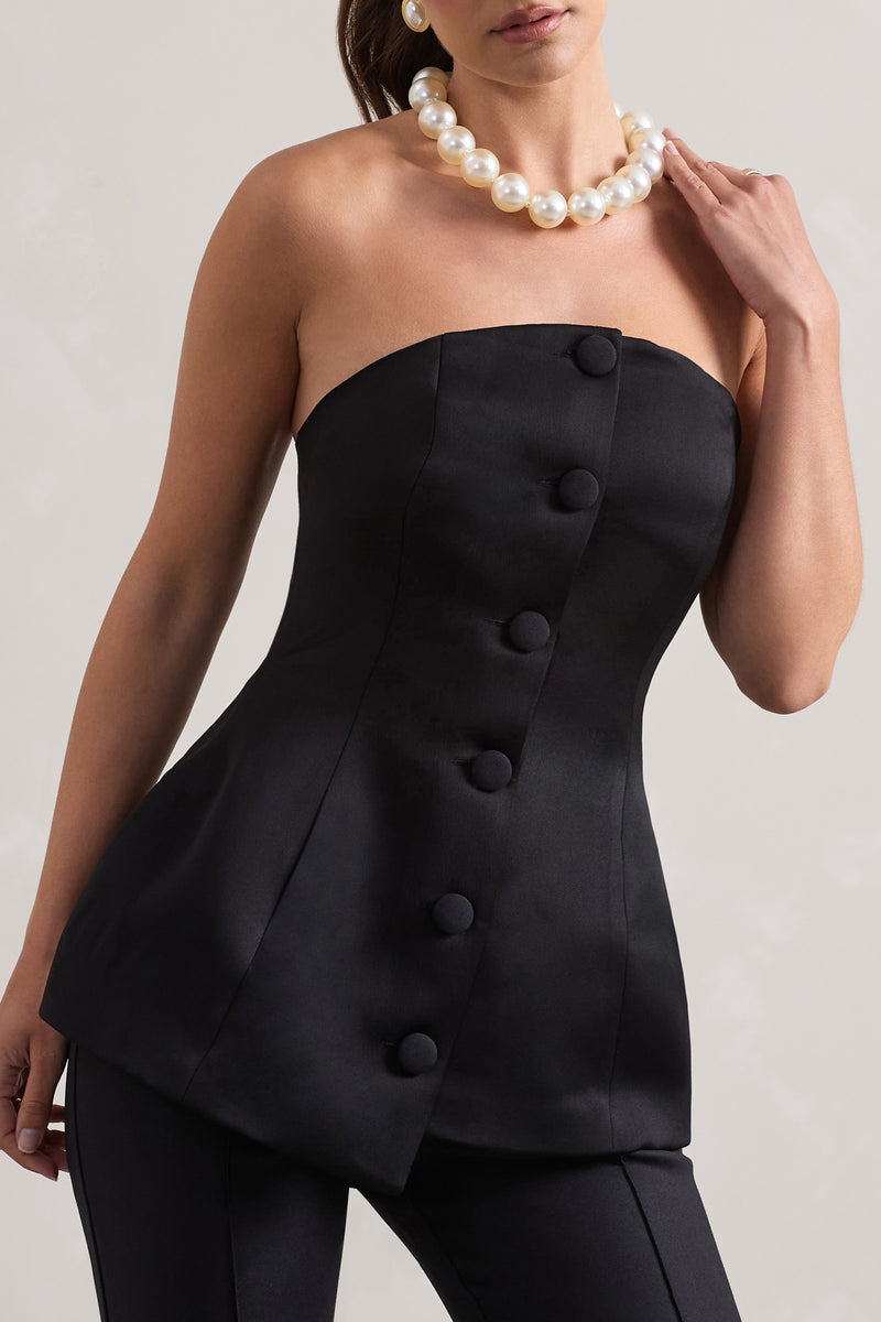 Century Black Satin Strapless Button Front Corset Top – Club L London - UK