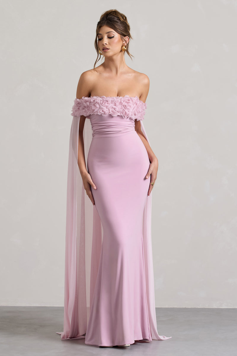 Avant Garde Blush Pink Floral Bardot Fishtail Maxi Dress With Mesh C – Club L London - UK