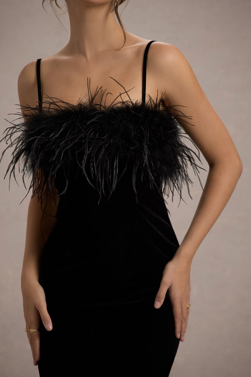 Kalena Black Velvet Feather Trim Midi Dress – Club L London - UK