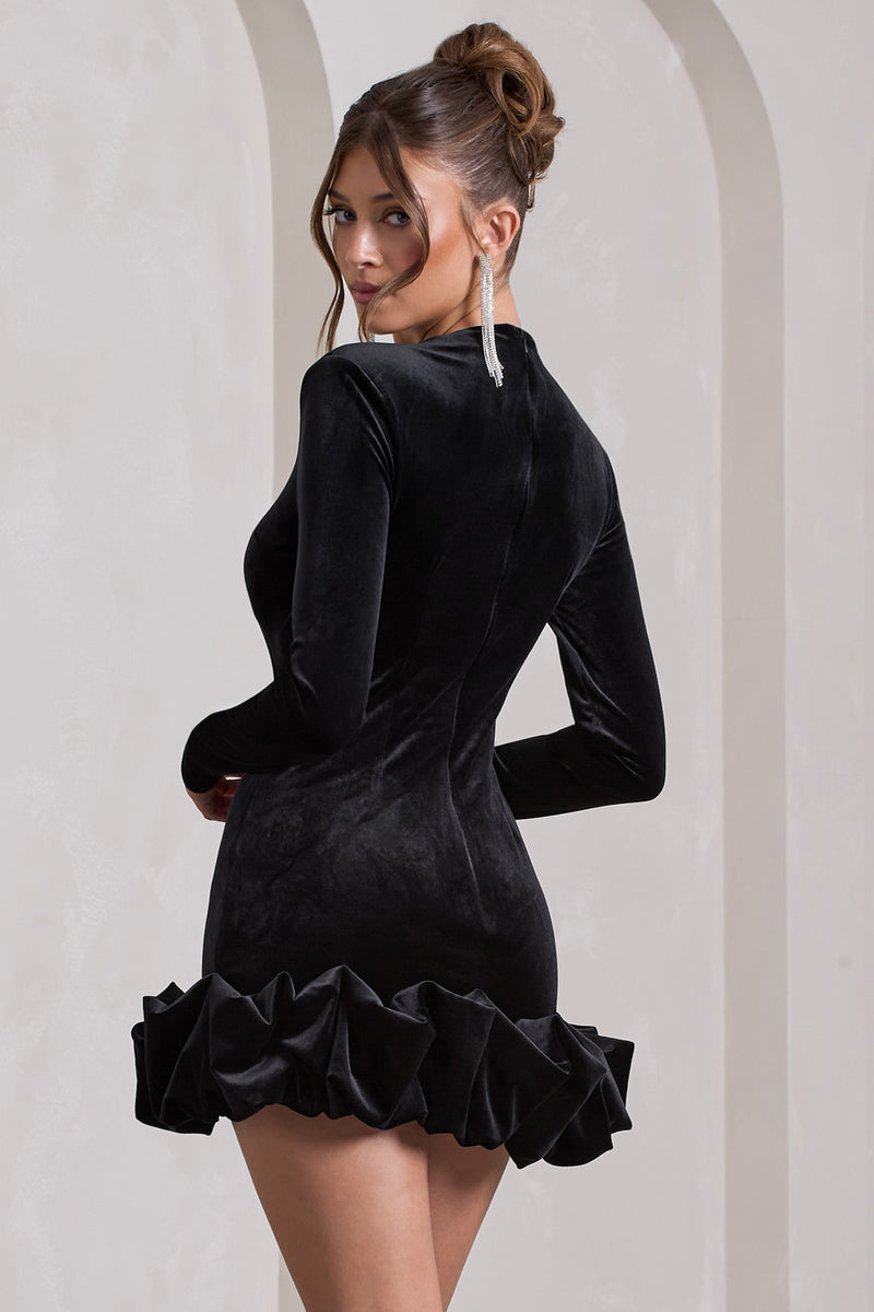 Claudine Black Velvet Long-Sleeved Ruffled Mini Dress – Club L London - UK