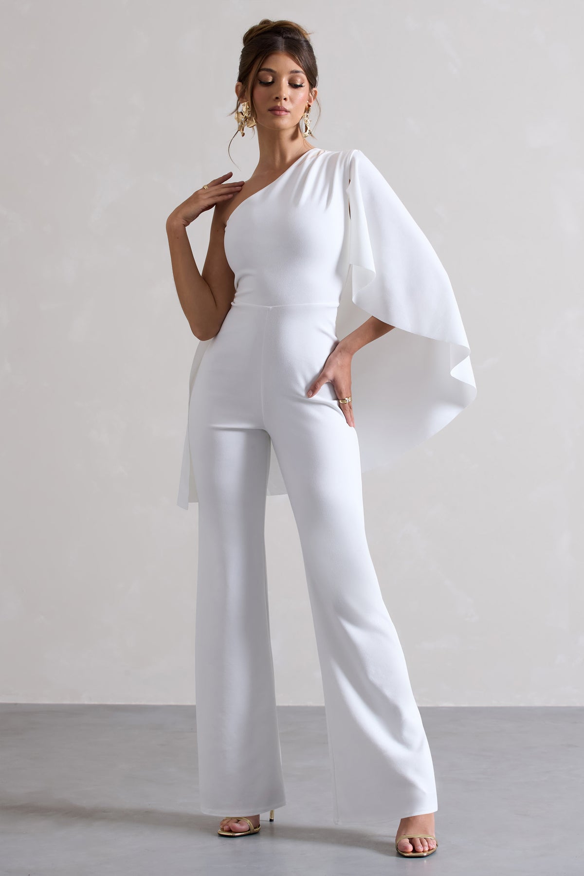 Pristine White One Shoulder Cape Sleeve Flared-Leg Jumpsuit – Club L ...