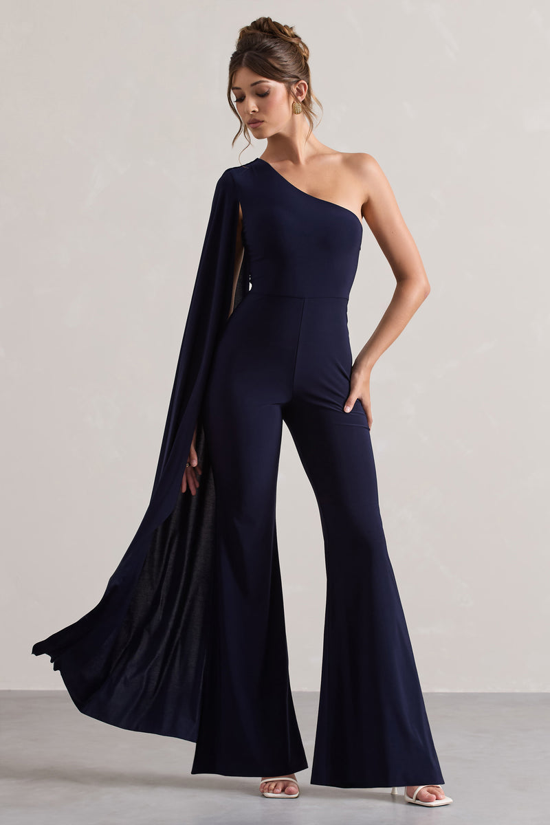 Julie Navy Asymmetric Flared-Leg Jumpsuit With Cape Sleeve – Club L ...