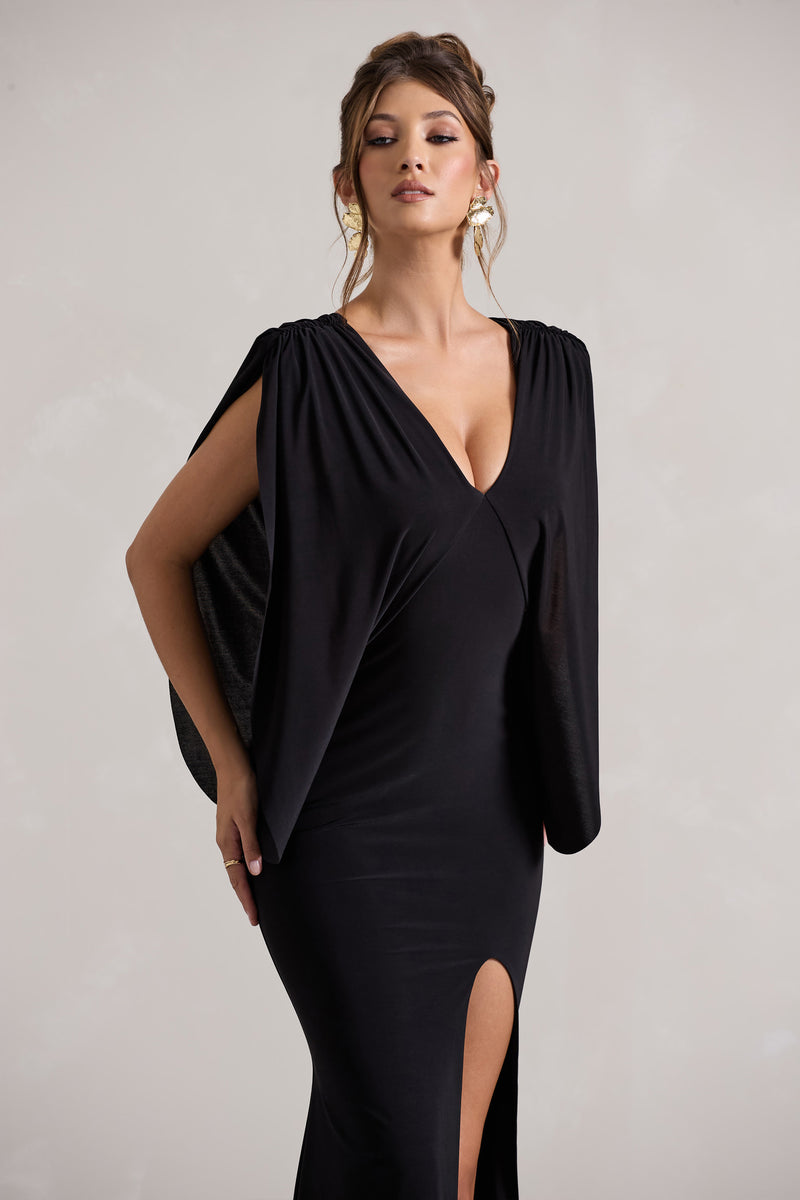 Perry Black V-Neck Cape Sleeve Split Maxi Dress – Club L London - UK