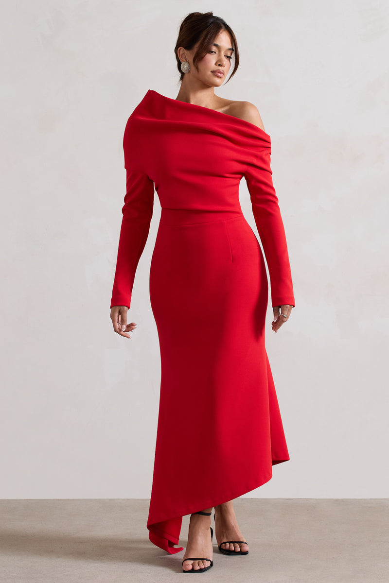 Lou Red One-Shoulder Asymmetric Maxi Dress – Club L London - UK