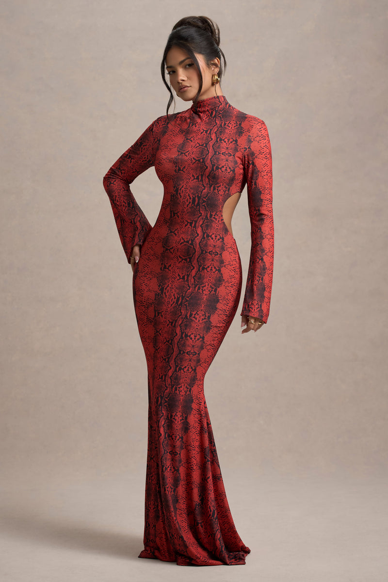 Arabia Red Snake Print High-Neck Cut-Out Maxi Dress – Club L London - UK