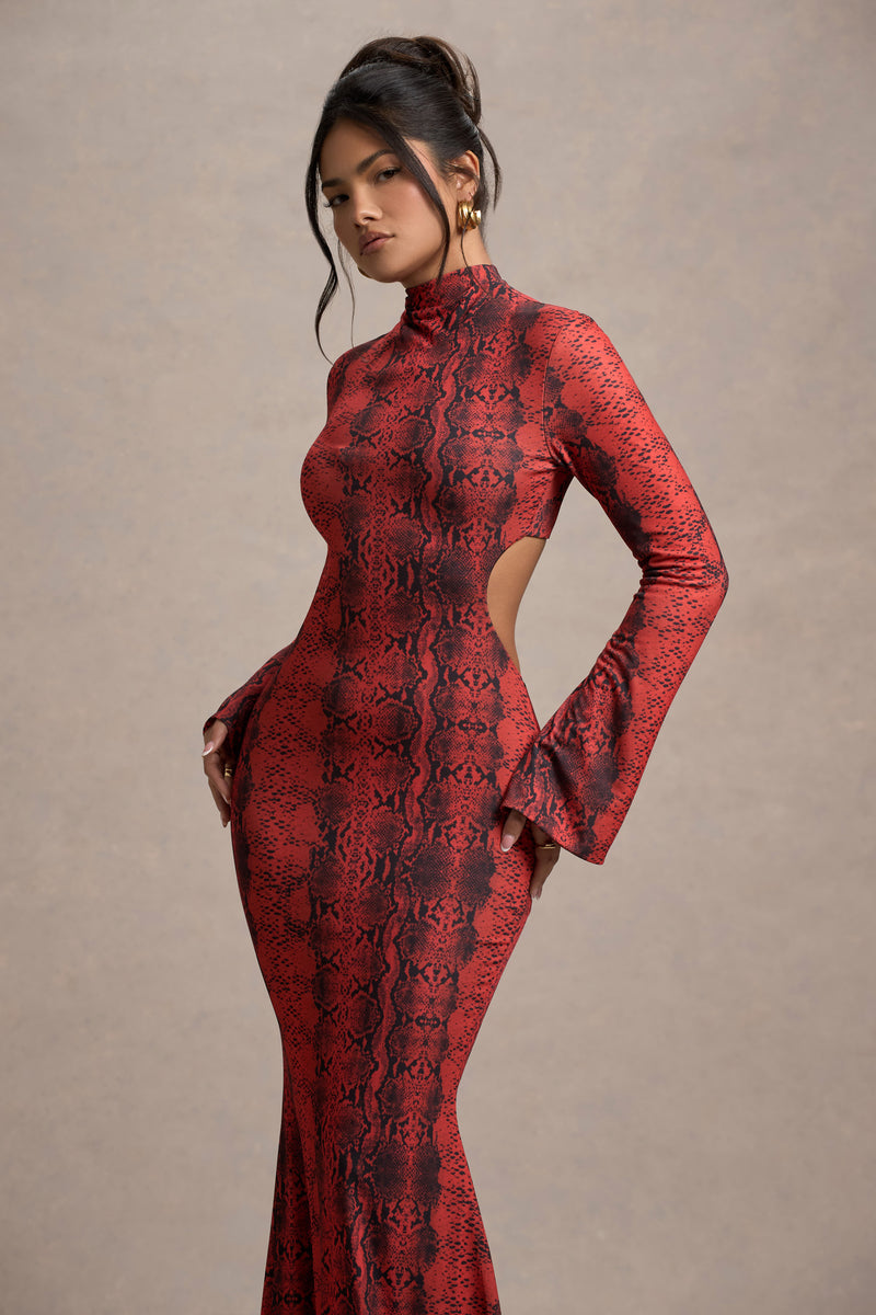 Arabia Red Snake Print High-Neck Cut-Out Maxi Dress – Club L London - UK