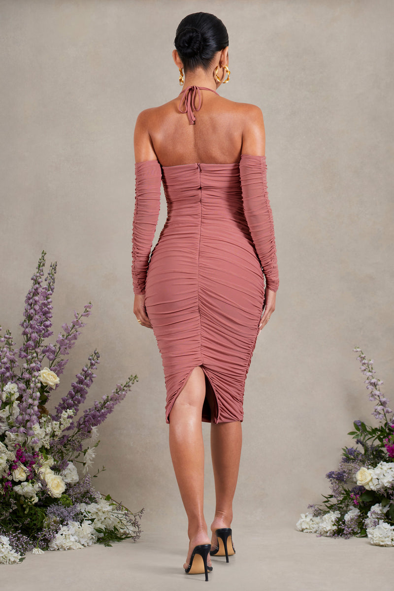 Pixie Blush Pink Ruched Long-Sleeved Halter-Neck Maternity Midi Dres ...