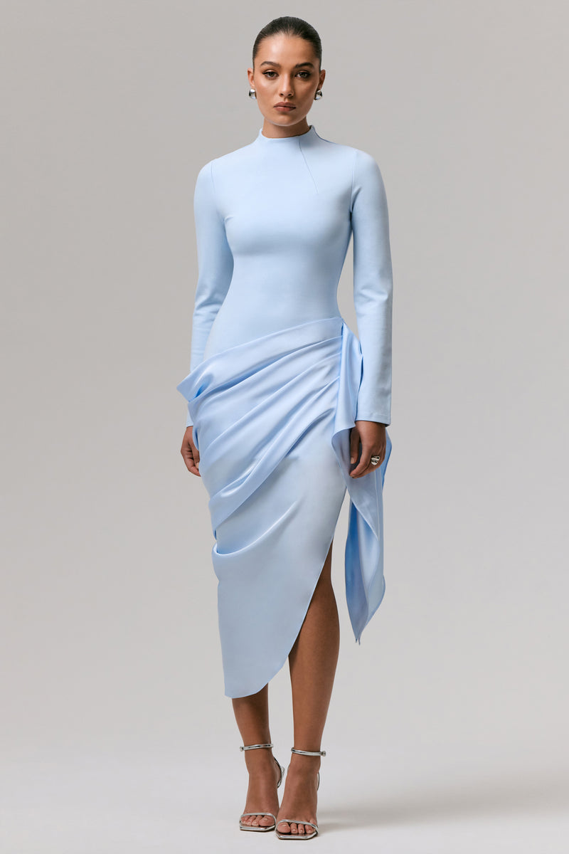 Raffie Powder Blue Long-Sleeve Midi Dress With Satin Wrap Skirt – Club ...