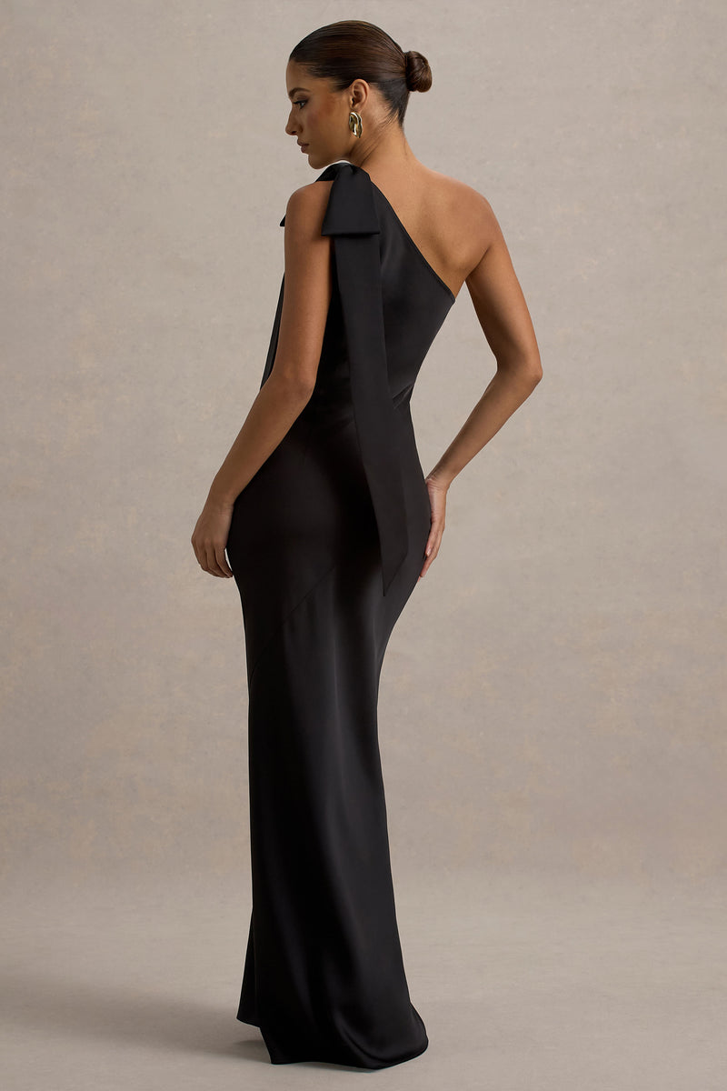 Here For Love Black Satin Asymmetric Maxi Dress With Bow – Club L London - UK