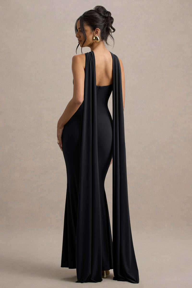 Rhoda Black Twist Halter-Neck Cape Maxi Dress – Club L London - UK