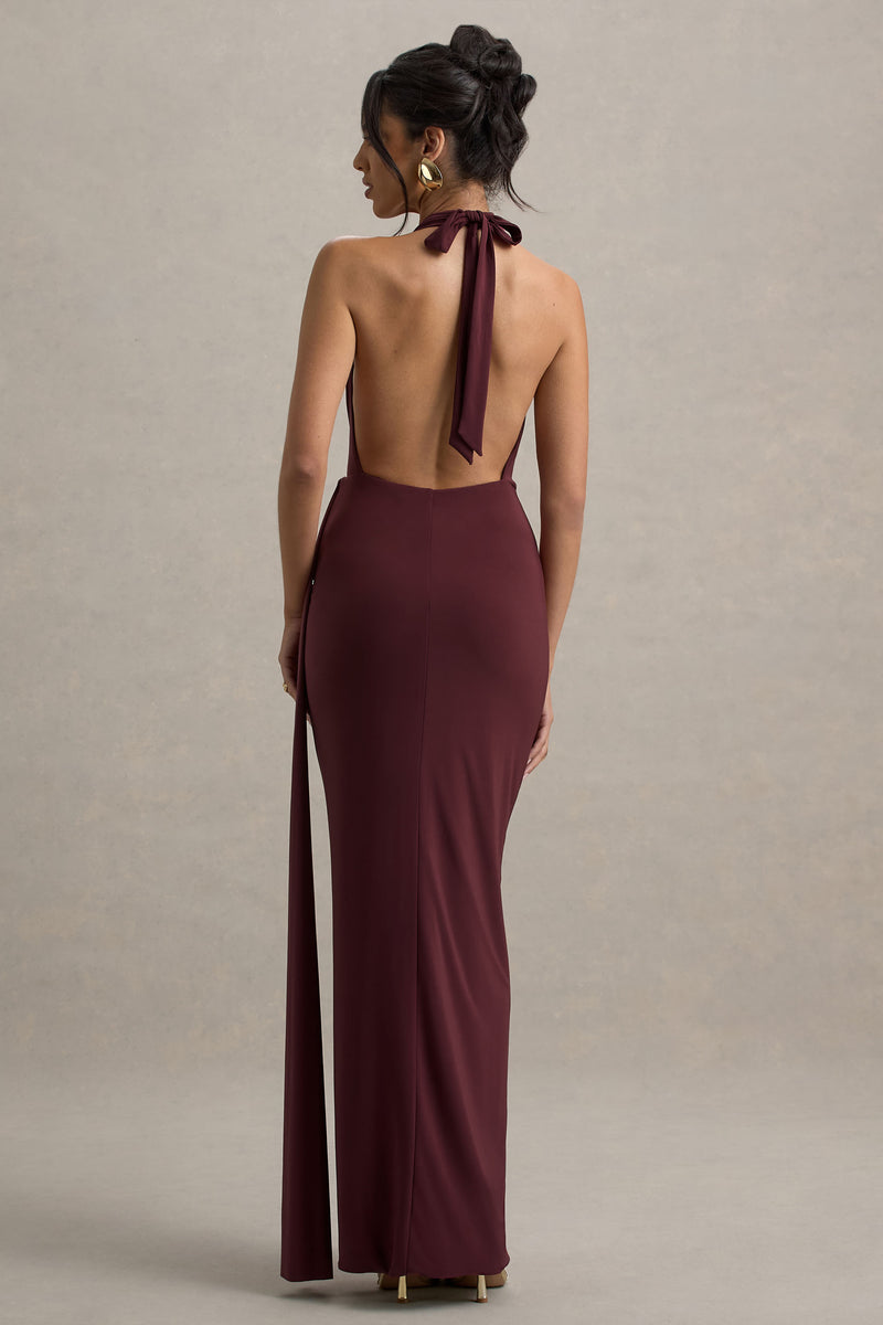 Rosina Burgundy Halter-Neck Draped Maxi Dress With Sash – Club L London - UK