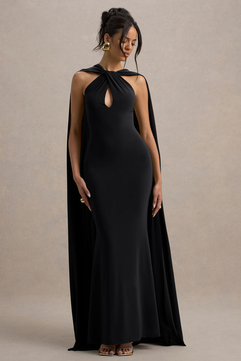 Rhoda Black Twist Halter-Neck Cape Maxi Dress – Club L London - UK