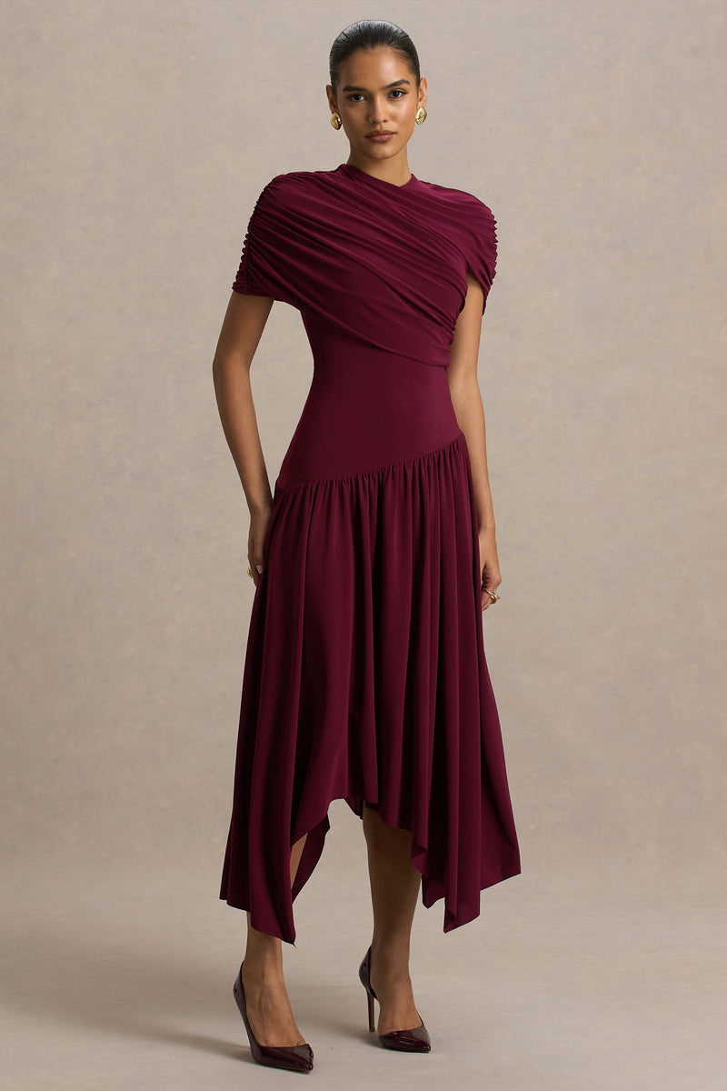 Ione Burgundy Wrapped Midi Dress With Hanky Hem – Club L London - UK