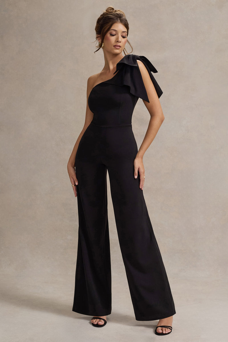 Orilla Black One-Shoulder Wide-Leg Jumpsuit With Bow – Club L London - UK