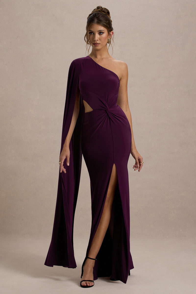 Brona Plum One-Shoulder Cape-Sleeve Split Maxi Dress – Club L London - UK