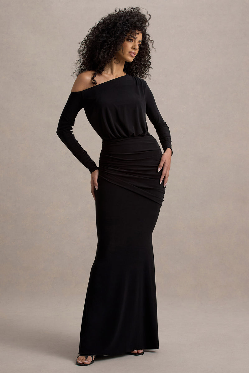 Deanna Black Asymmetric Long-Sleeve Ruched Maxi Dress – Club L London - UK